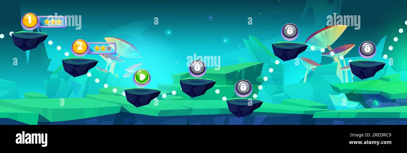Arcade game progress map on fantasy forest background. Vector cartoon ...