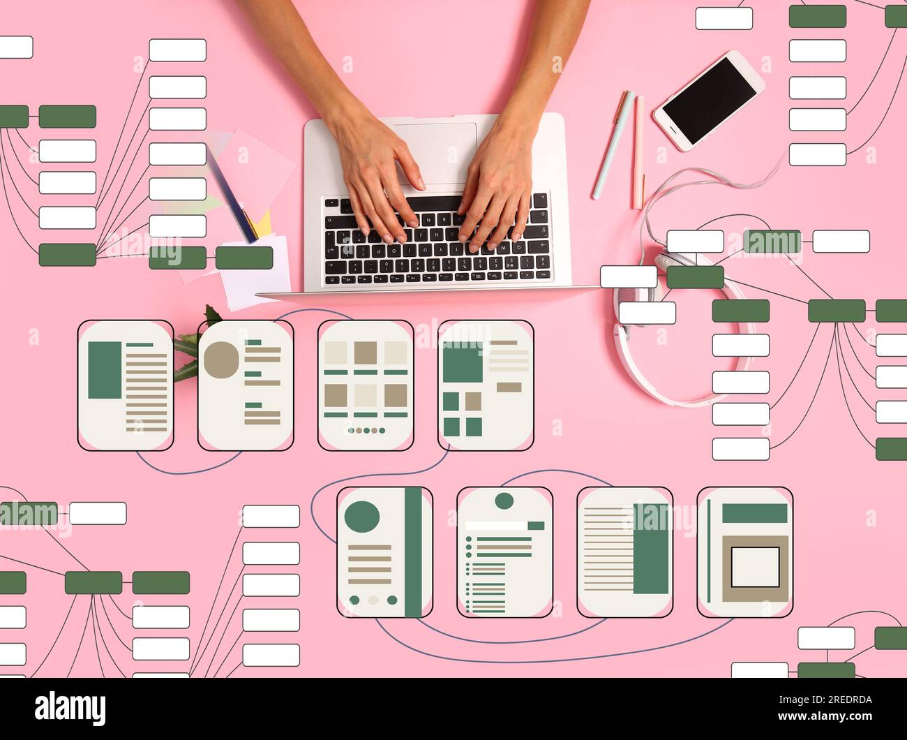 Hands with laptop and different website wireframes on pink background ...