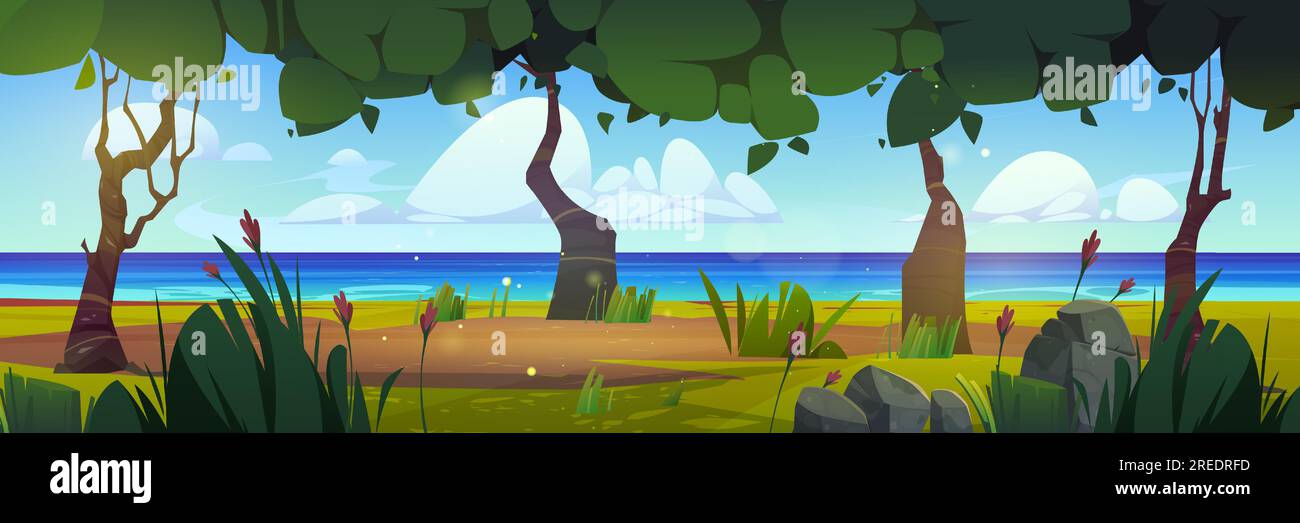 Cartoon river in forest summer vector landscape. Lake shore with calm ...