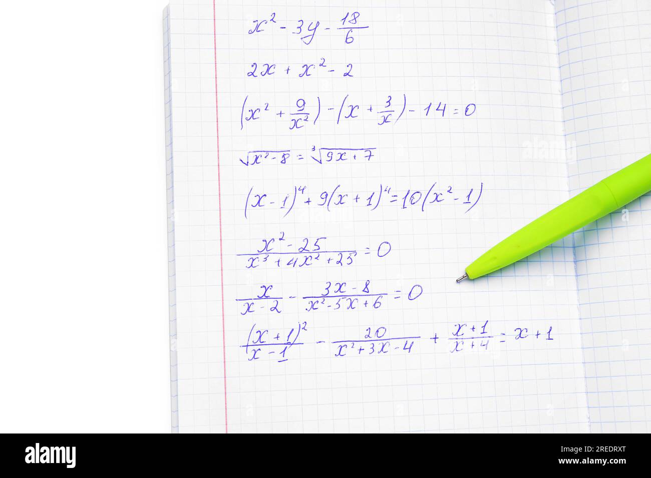 Copybook with maths formulas and pen isolated on white background Stock ...