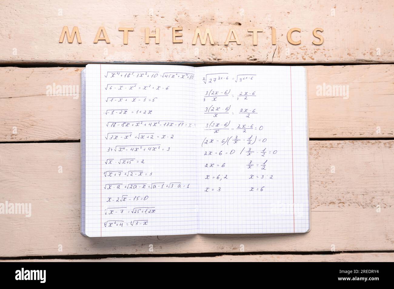 Copybook with formulas and text MATHEMATICS on white wooden background ...