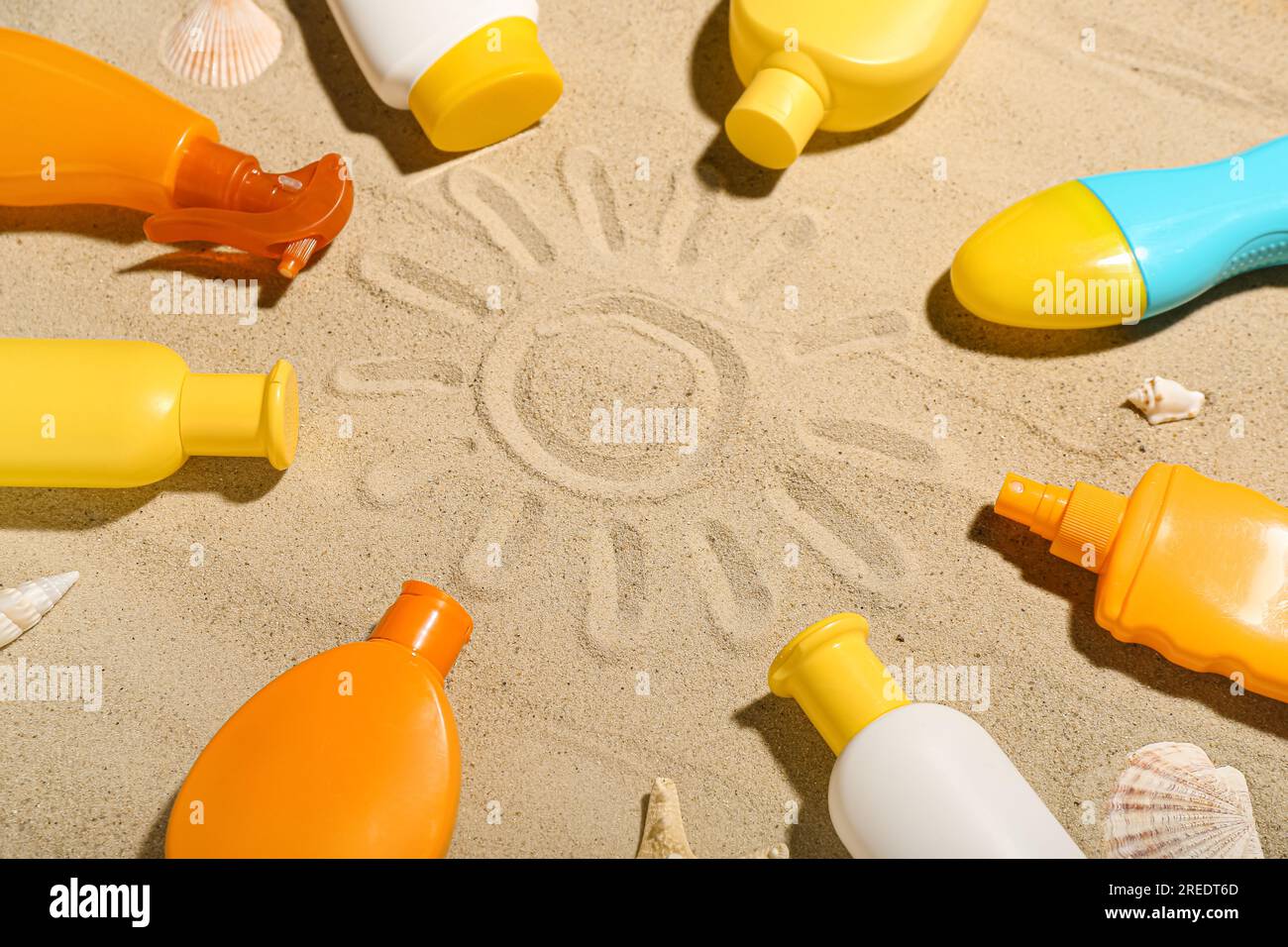 Creative composition with frame made of different sunscreen creams on ...