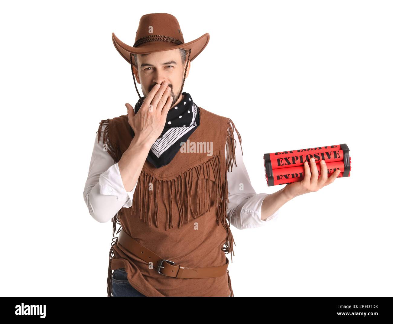 Happy cowboy with explosive on white background Stock Photo - Alamy