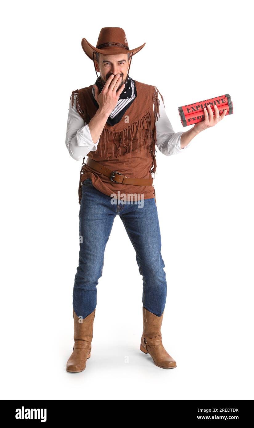 Happy cowboy with explosive on white background Stock Photo - Alamy