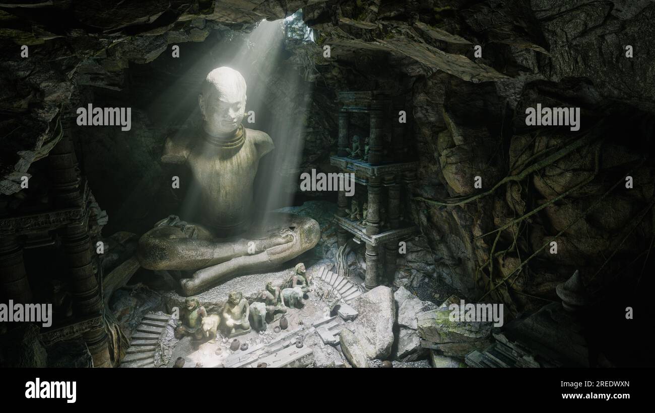 Ancient statues with light ray in the cave, 3d render Stock Photo - Alamy