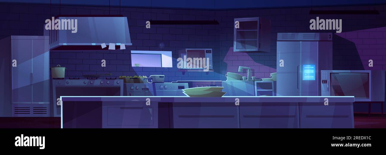 Professional kitchen interior at night. Vector cartoon illustration of ...