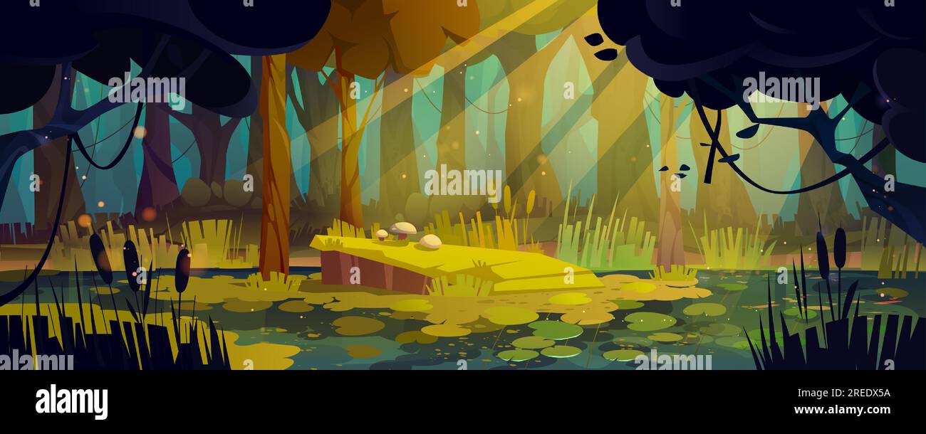Deep forest landscape with swamp. Vector cartoon illustration of ...