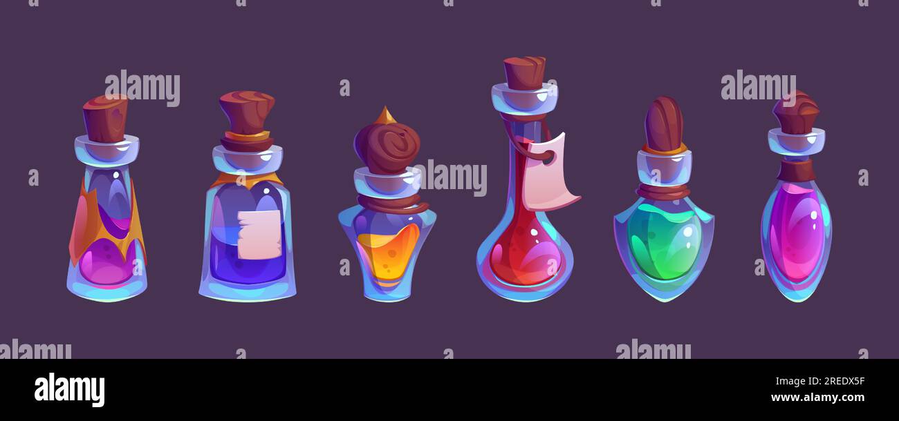 Cartoon set of elixir bottles isolated on black background. Vector ...