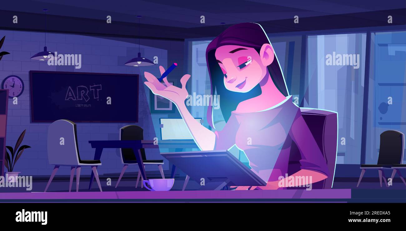 Happy woman work with tablet in office at night vector cartoon ...