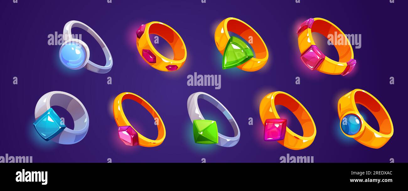 Cartoon set of precious rings isolated on background. Vector ...