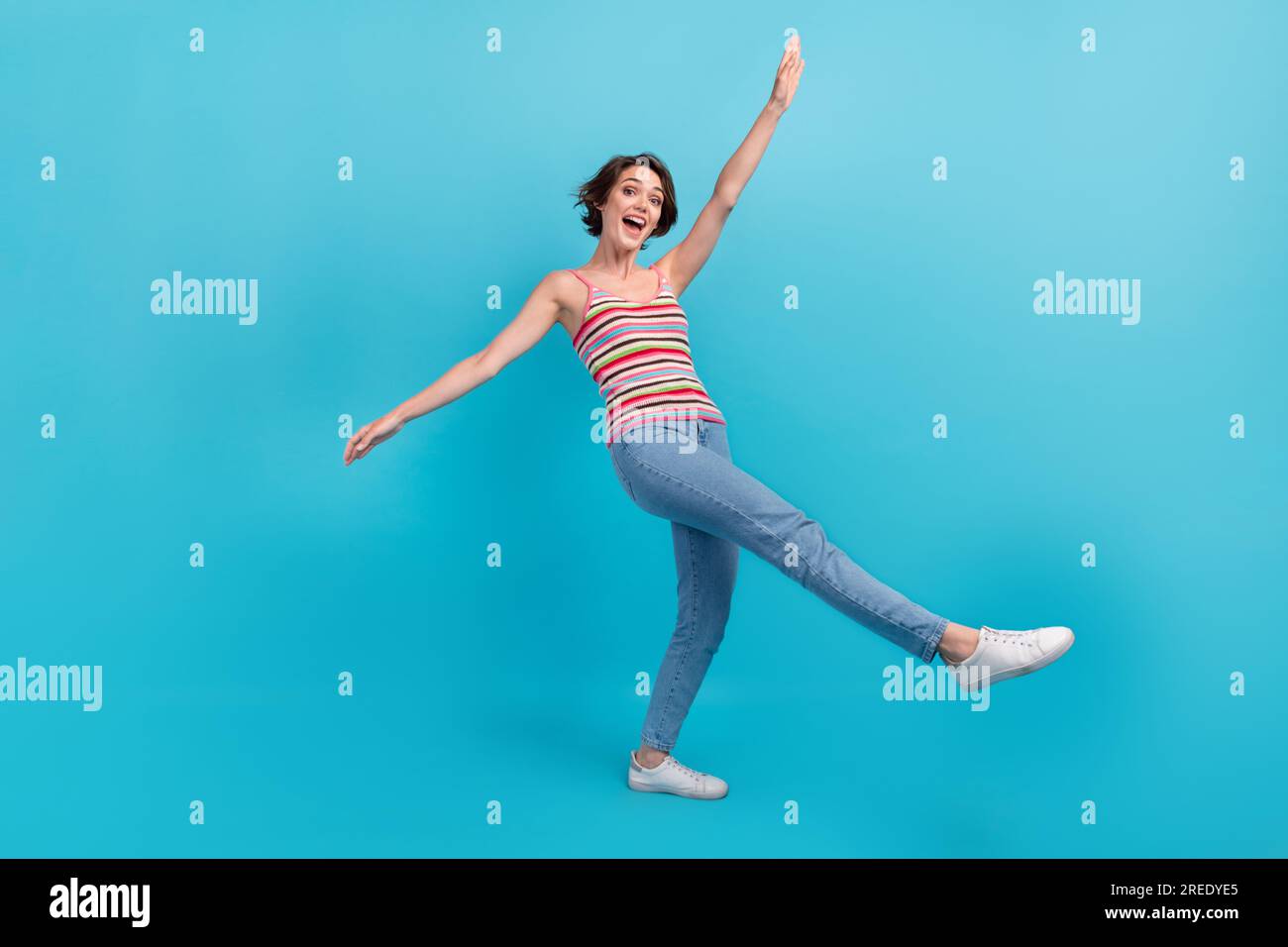 Full size photo of cheerful overjoyed girl enjoy dancing partying good ...