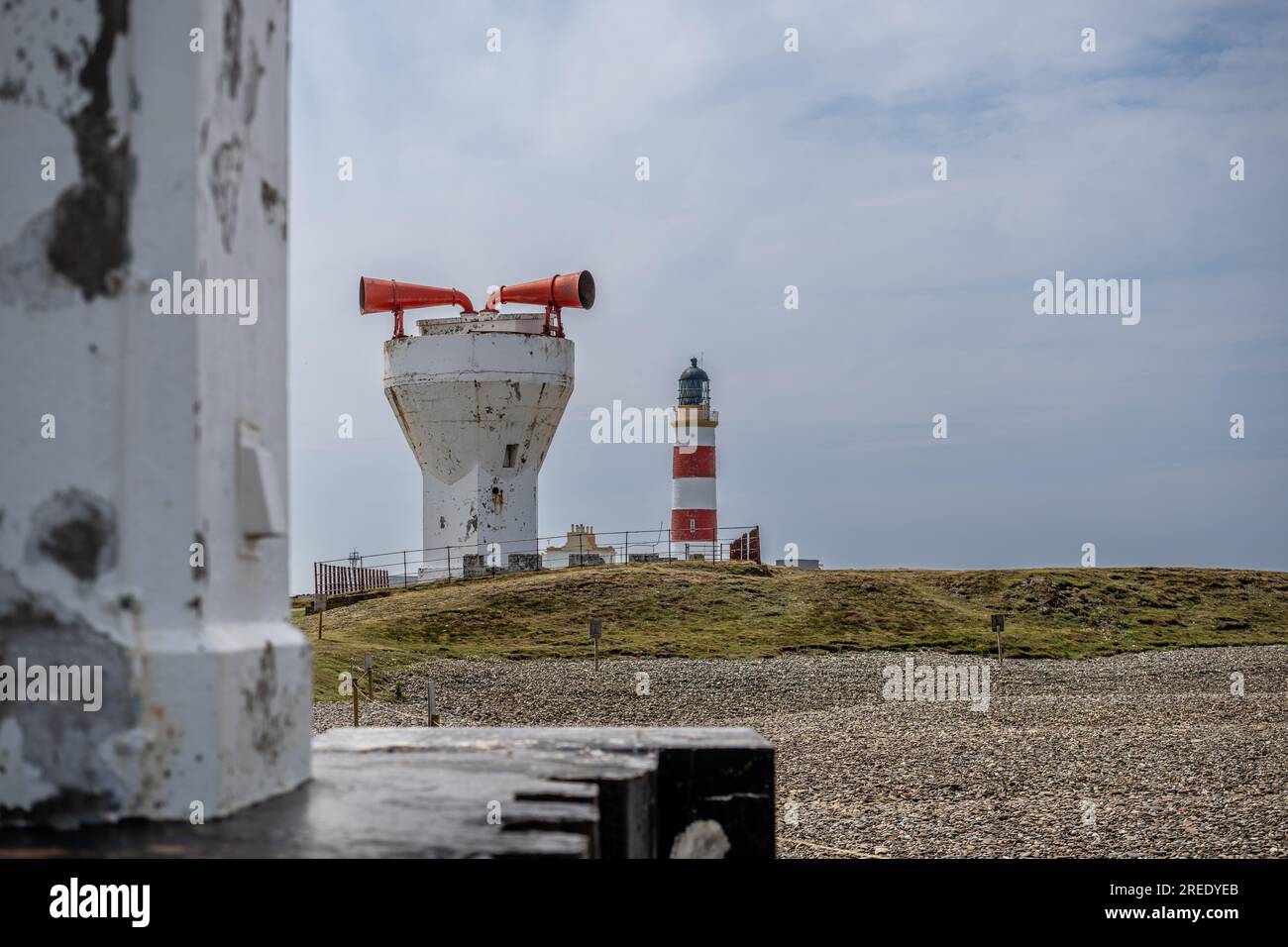 Red and white flaking paintwork on the Lighthouse and Foghorn at Point ...