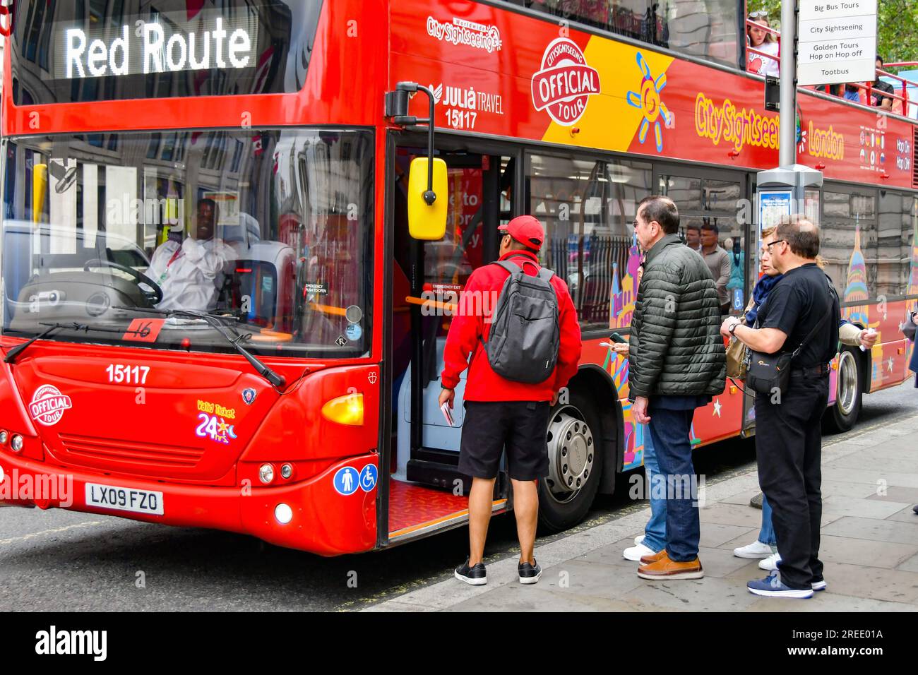 London, England, UK - 28 June 2023: People catching a Hop On Hop Off tourist sightseeing bus in ...