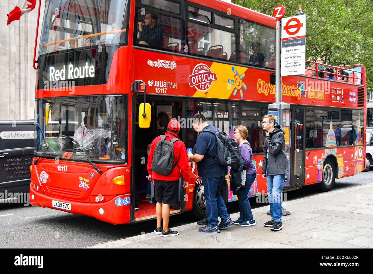 London, England, UK - 28 June 2023: People catching a Hop On Hop Off tourist sightseeing bus in ...