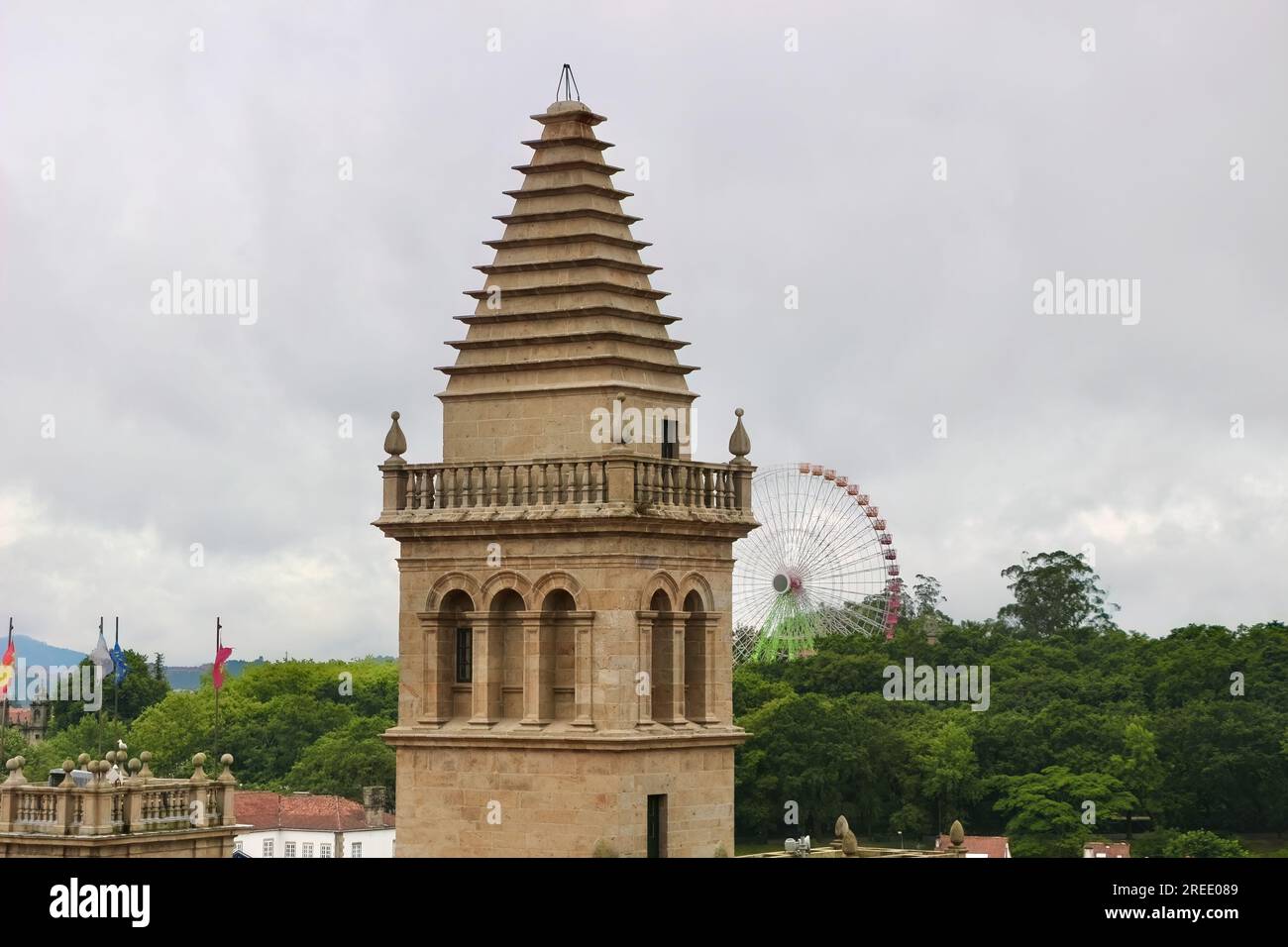 Rooftop view of one of the pyramid shaped towers of Santiago cathedral ...