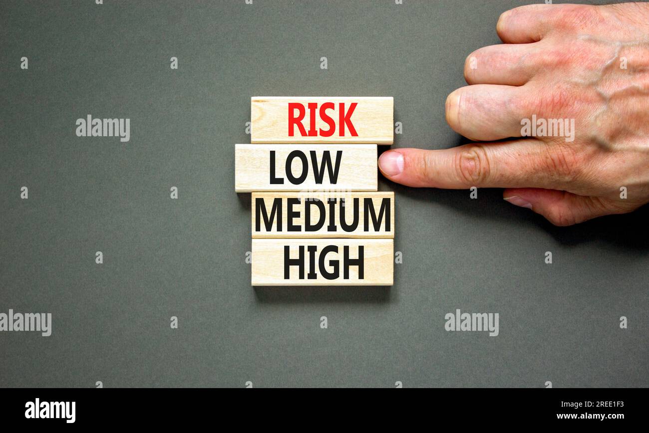 Time to low risk symbol. Concept word Risk low medium high on wooden ...