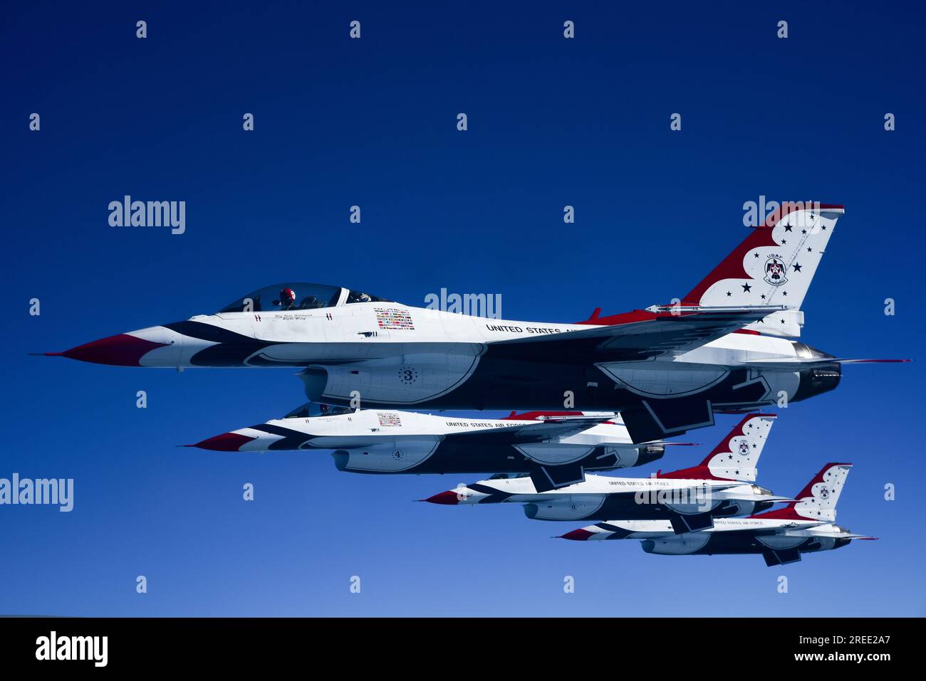 Four F-16 Flying Falcon Thunderbirds fly in formation on July 30, 2018 ...