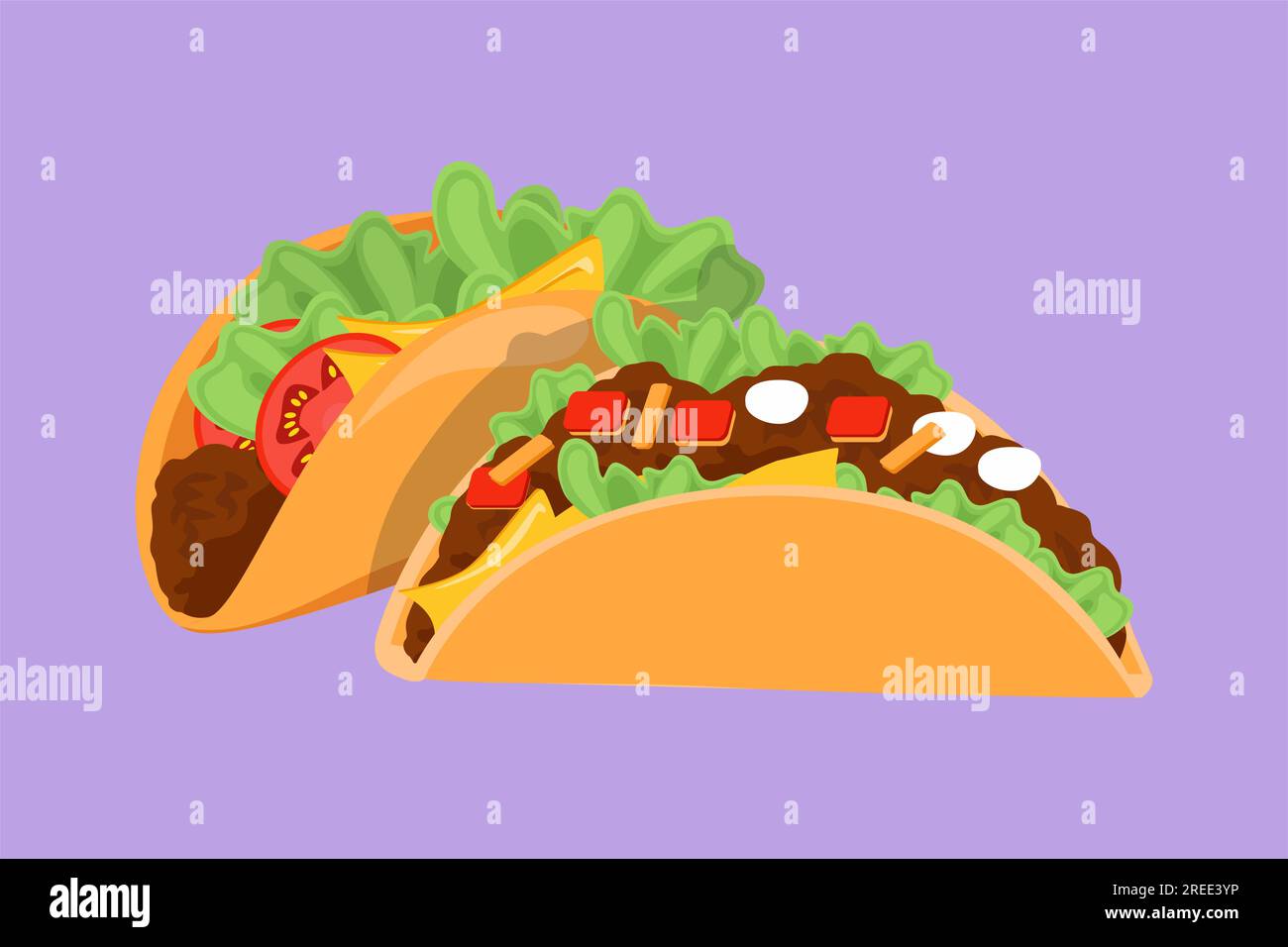 Graphic flat design drawing two stylized Mexican taco logo label ...