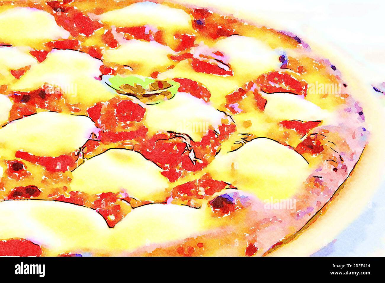 Creative illustration in vintage watercolor design - Pizza Margherita with Mozzarella cheese ...