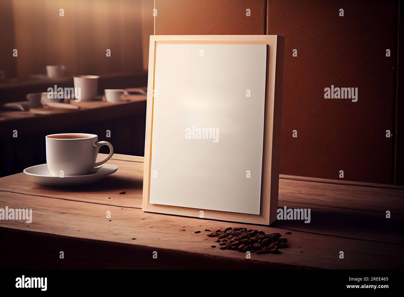 Mockup label, blank menu frame in Bar restaurant. Stand for booklets ...