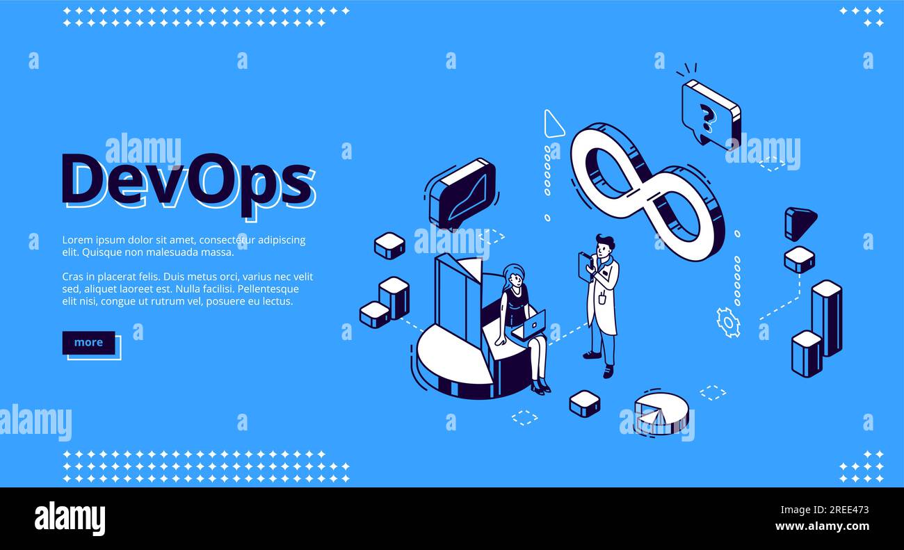 Devops isometric landing page, development and operation specialists work collaboration ...