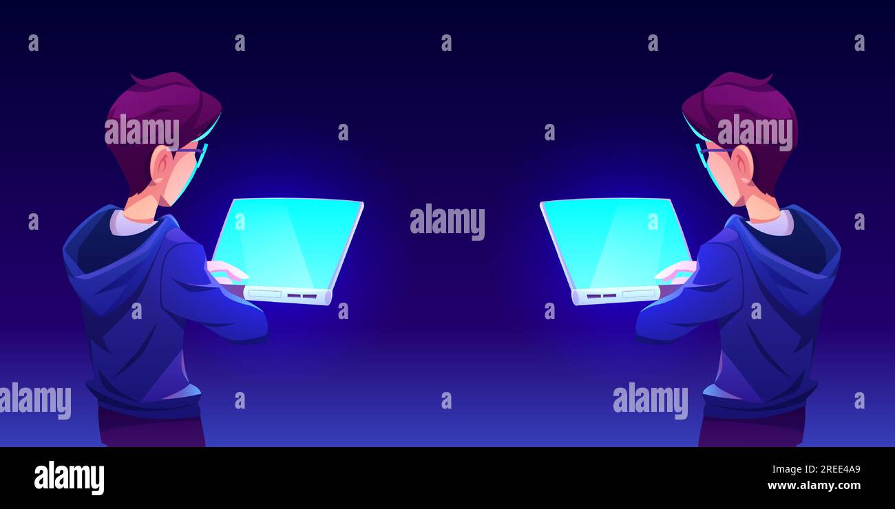 Teenage boy using computer app. Man hold in hand laptop with shiny blue ...