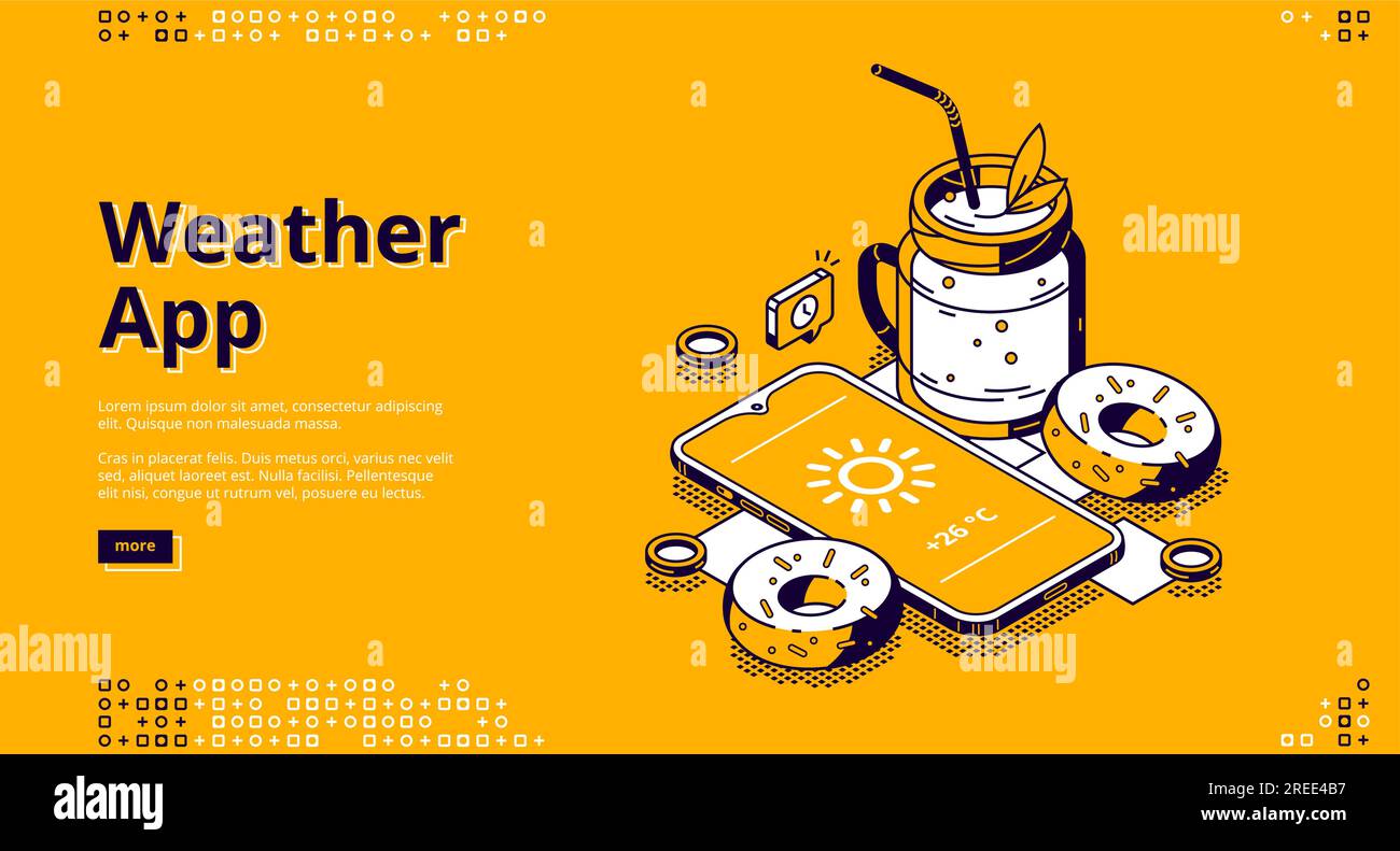 Weather app isometric landing page. Mobile phone with shining sun icon ...