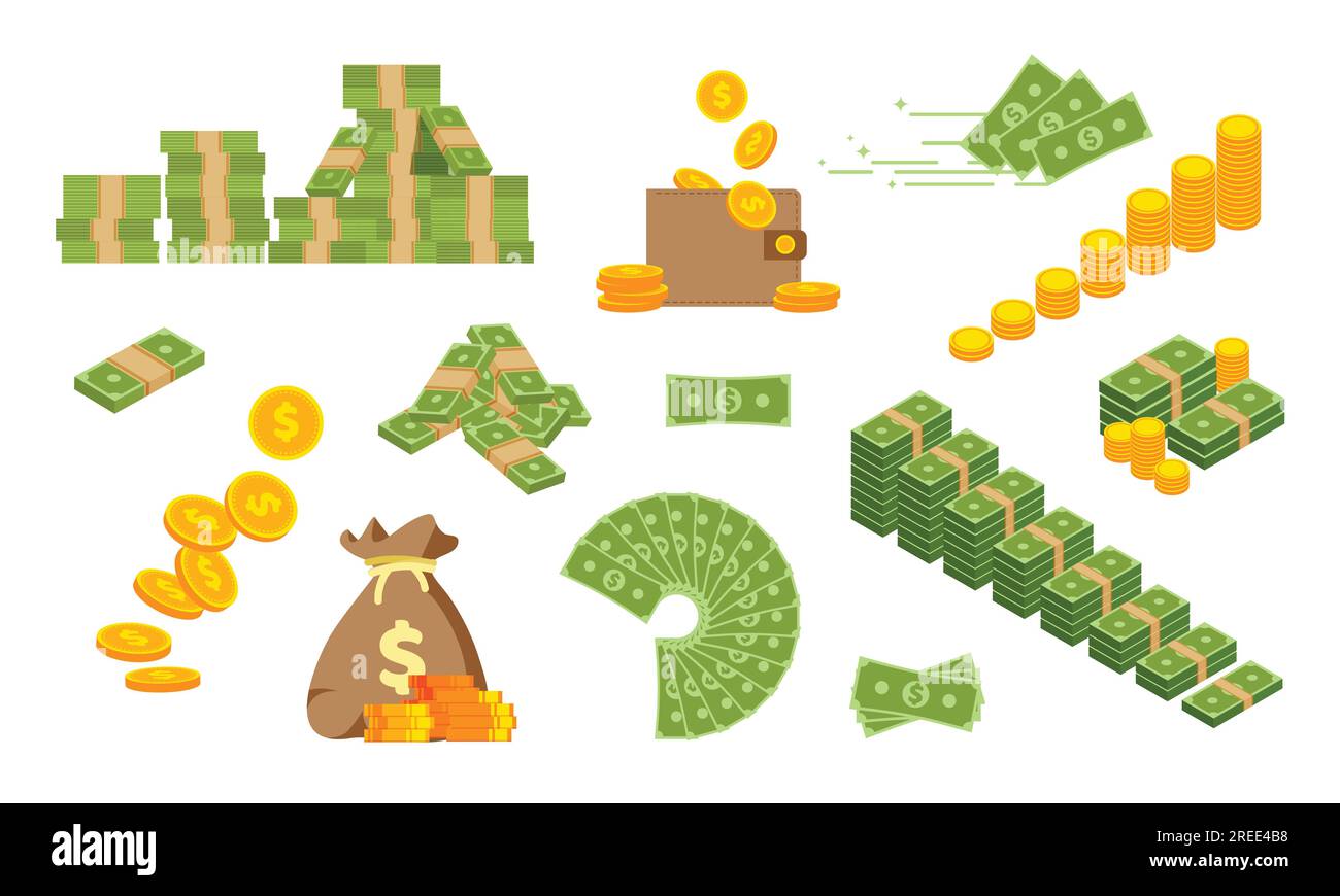 Big set of green banknotes and gold coins. Dollar bill piles, bundles ...