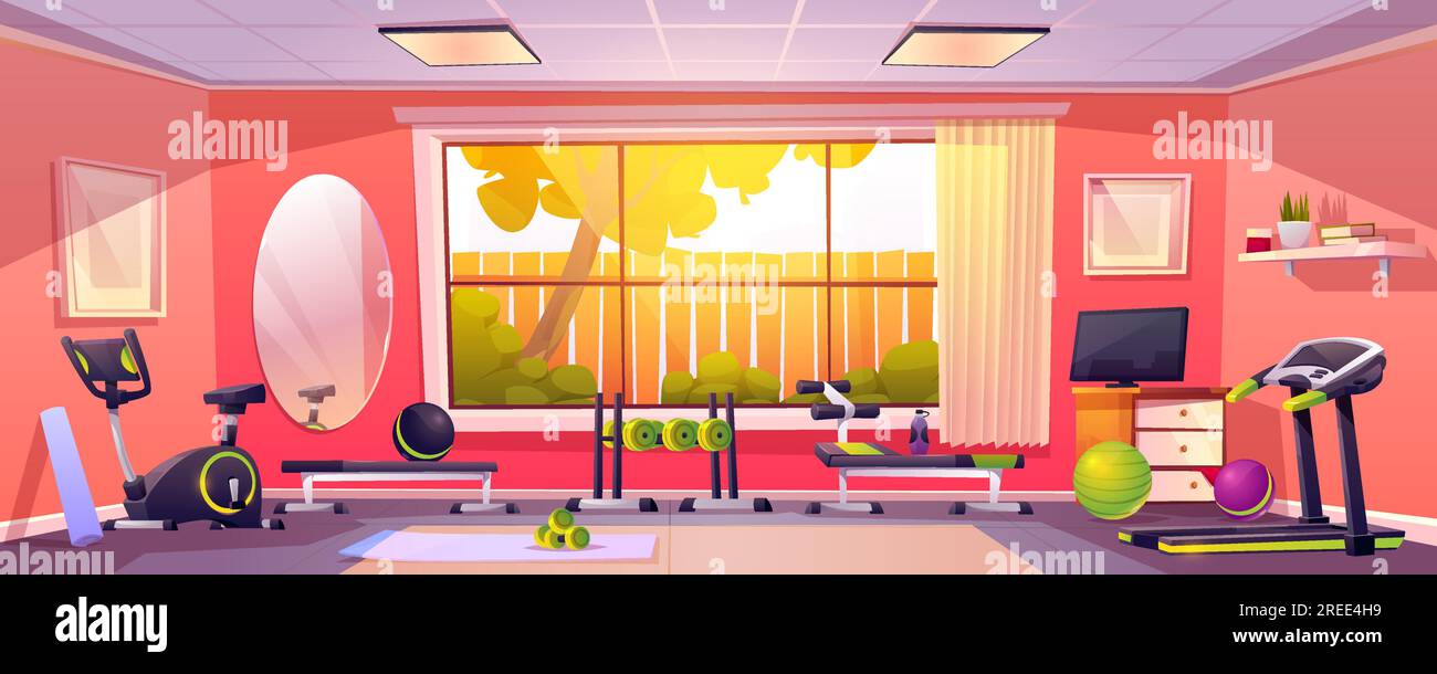Gym at home, empty room with sports fitness equipment. Domestic ...