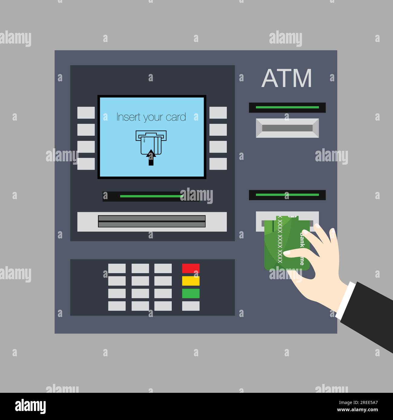 Hand pushing credit card into ATM machine slot. Withdrawing dollar ...