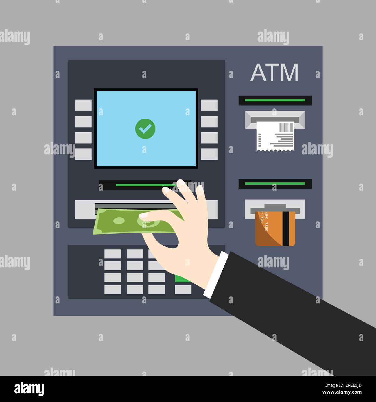 Hand getting money from ATM machine slot. Withdrawing dollar banknote. Vector banking ...