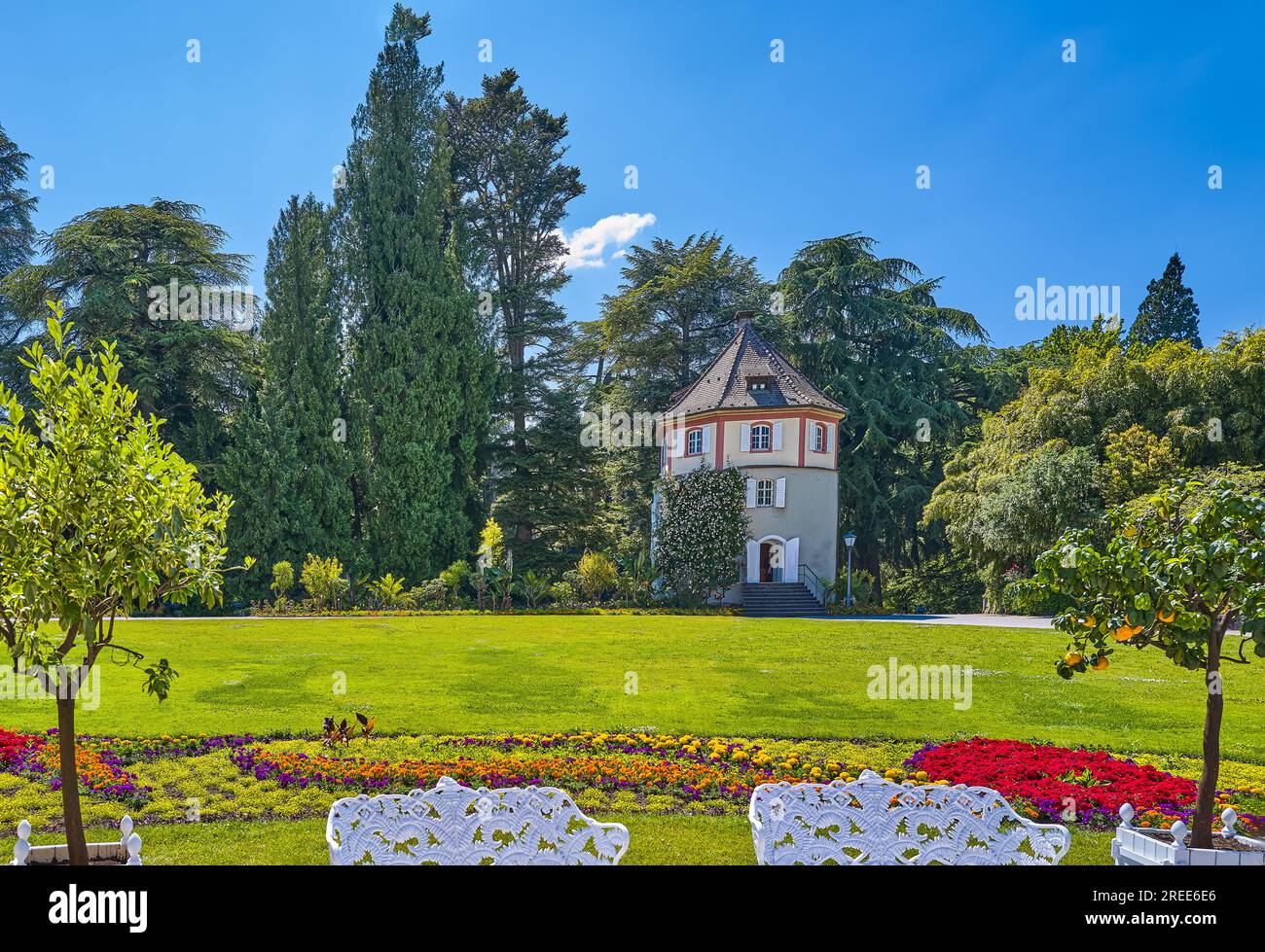 Mainau Island, Germany, the flowery meadow in front of the Baroque ...