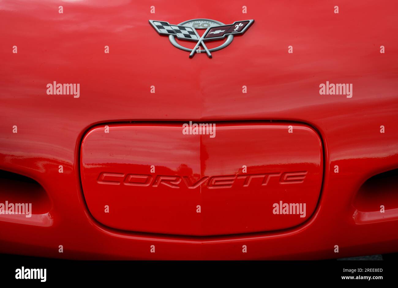 Close-up of the classic Chevrolet Corvette crossed-flags logo on a ...
