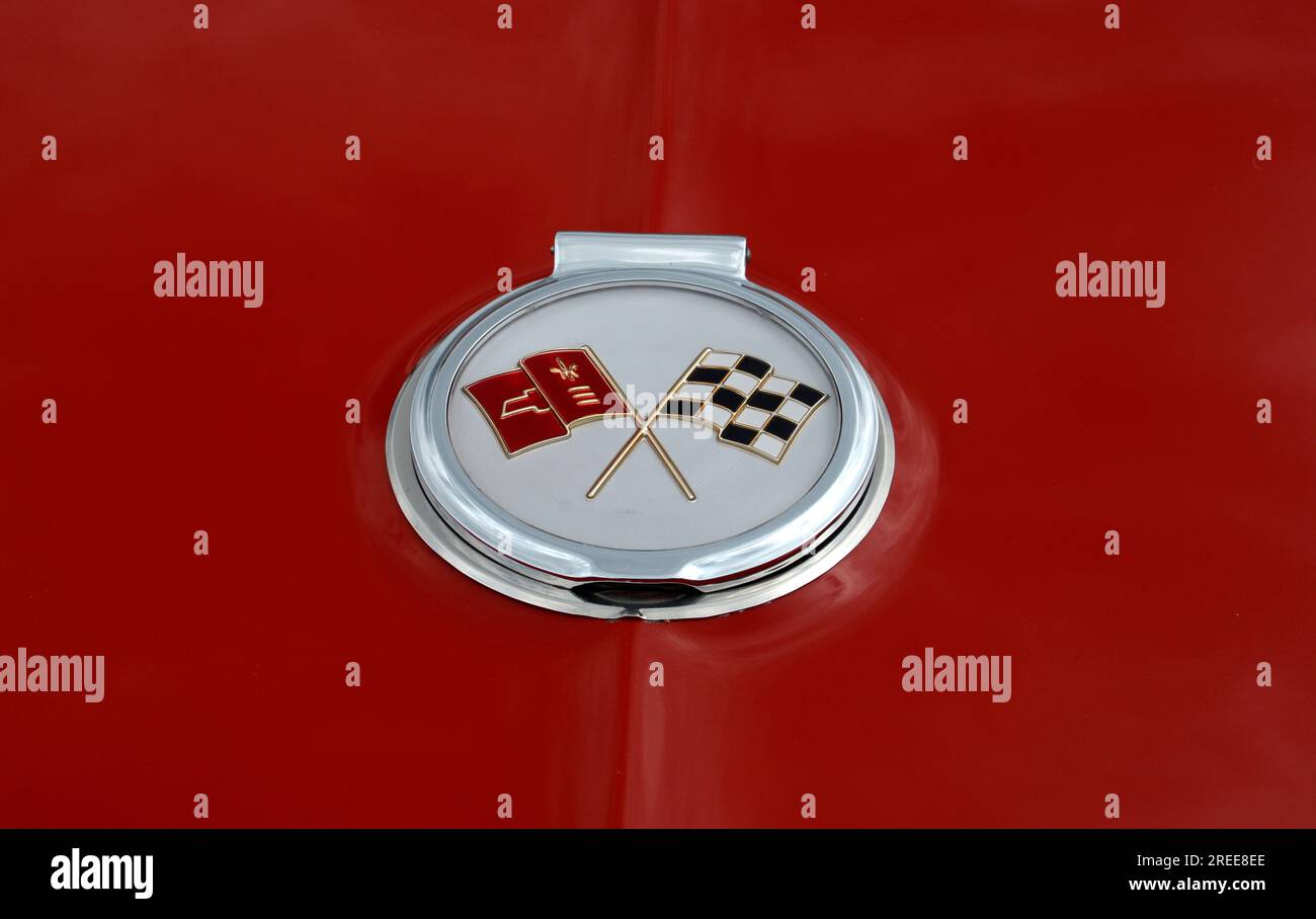 Close-up of the classic Chevrolet Corvette crossed-flags logo on a ...