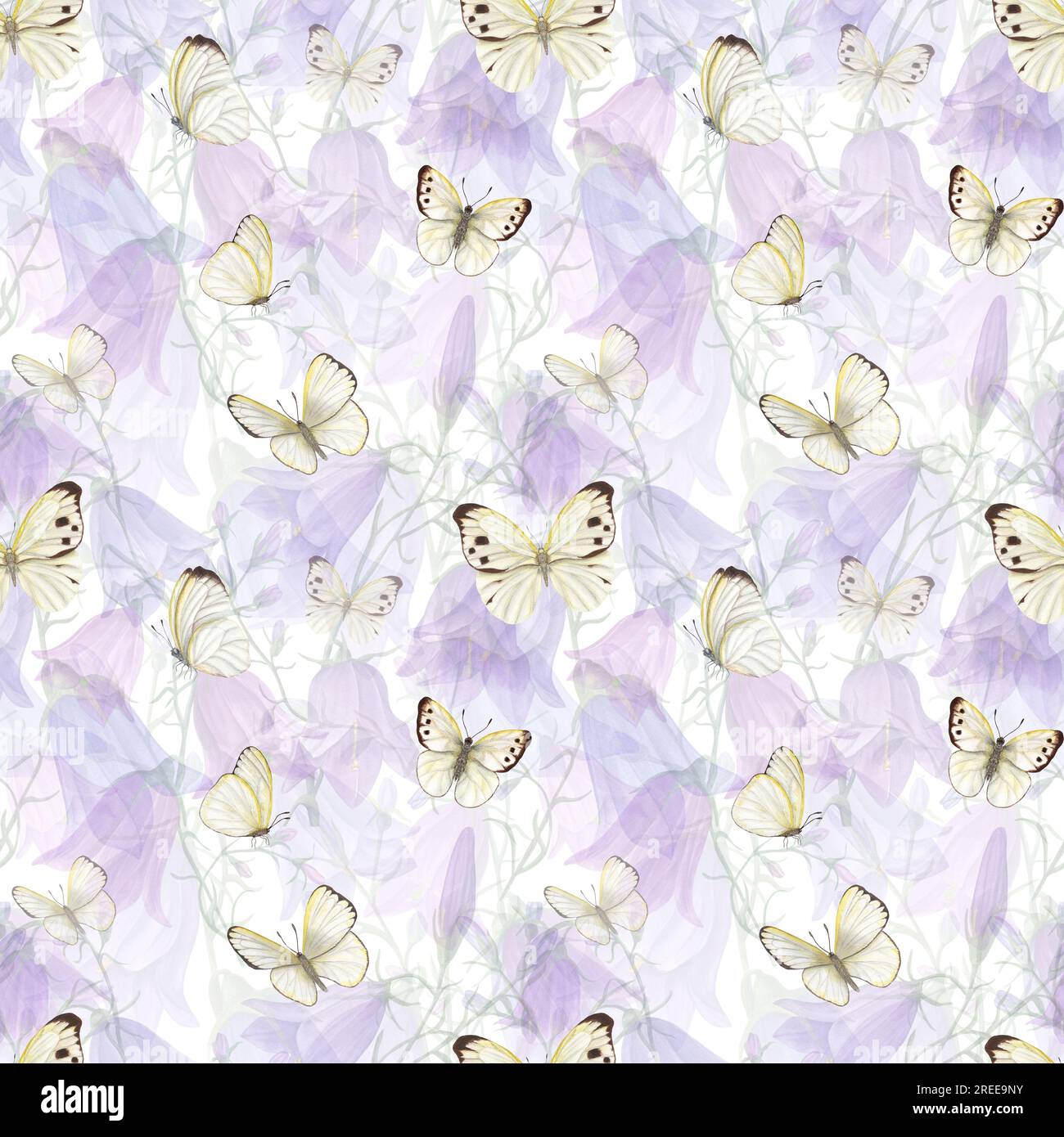 Watercolor seamless pattern of flying white butterflies. Illustration ...