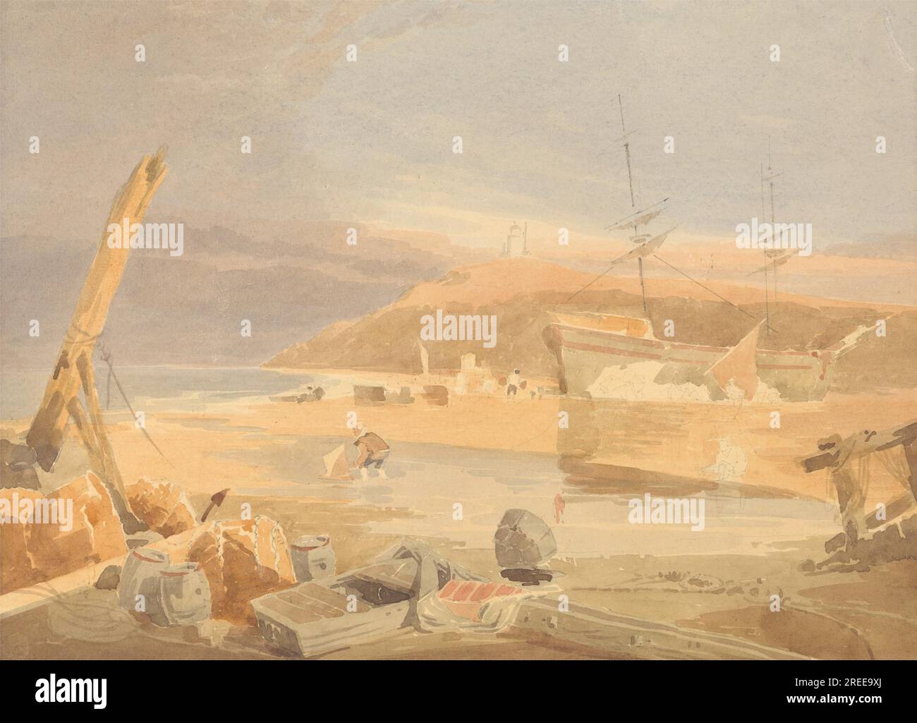 Shore Scene with Sailing Ship at Quay by John Thirtle Stock Photo - Alamy