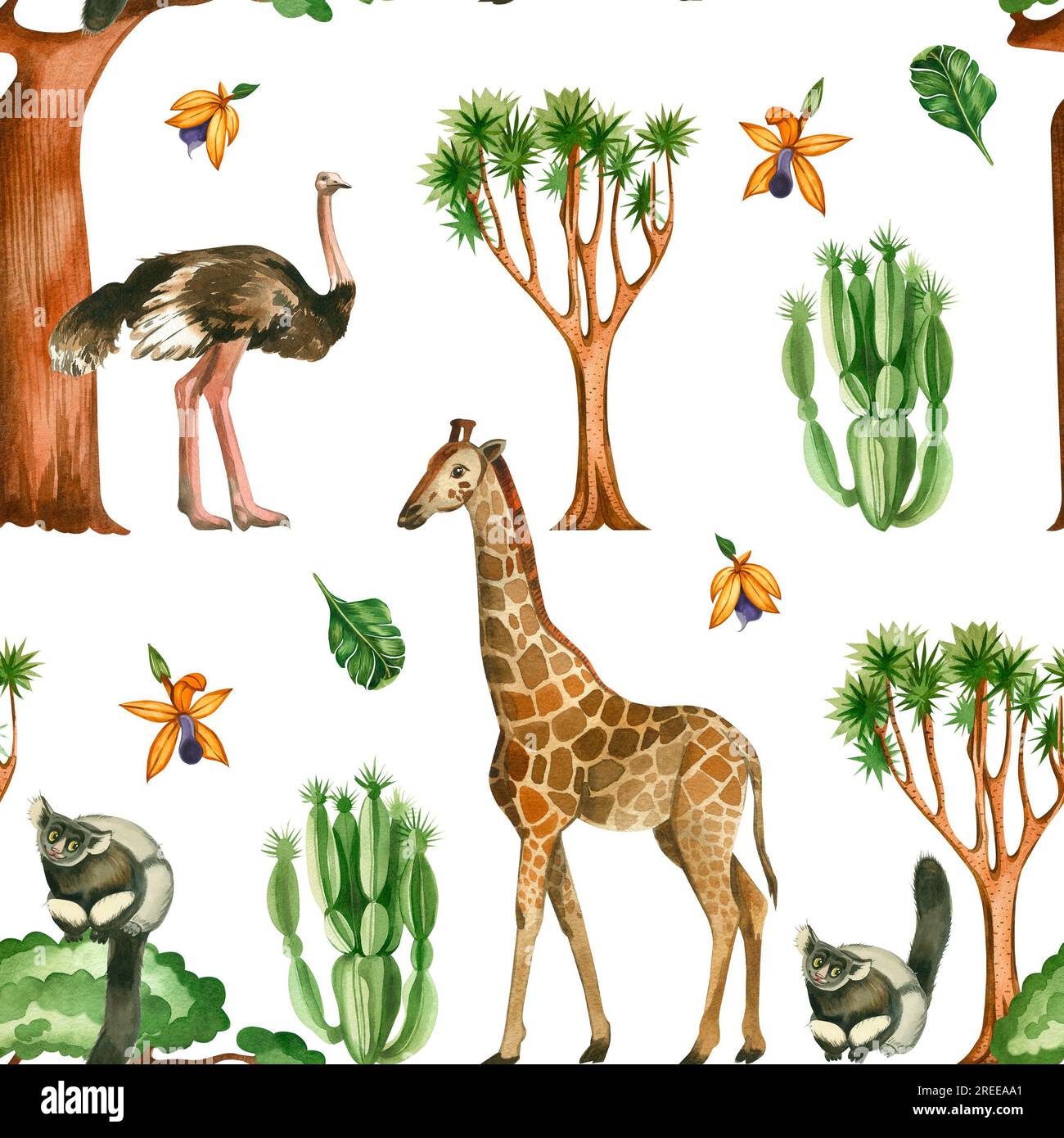 Seamless pattern on a white background. Giraffe, ostrich, monkeys ...