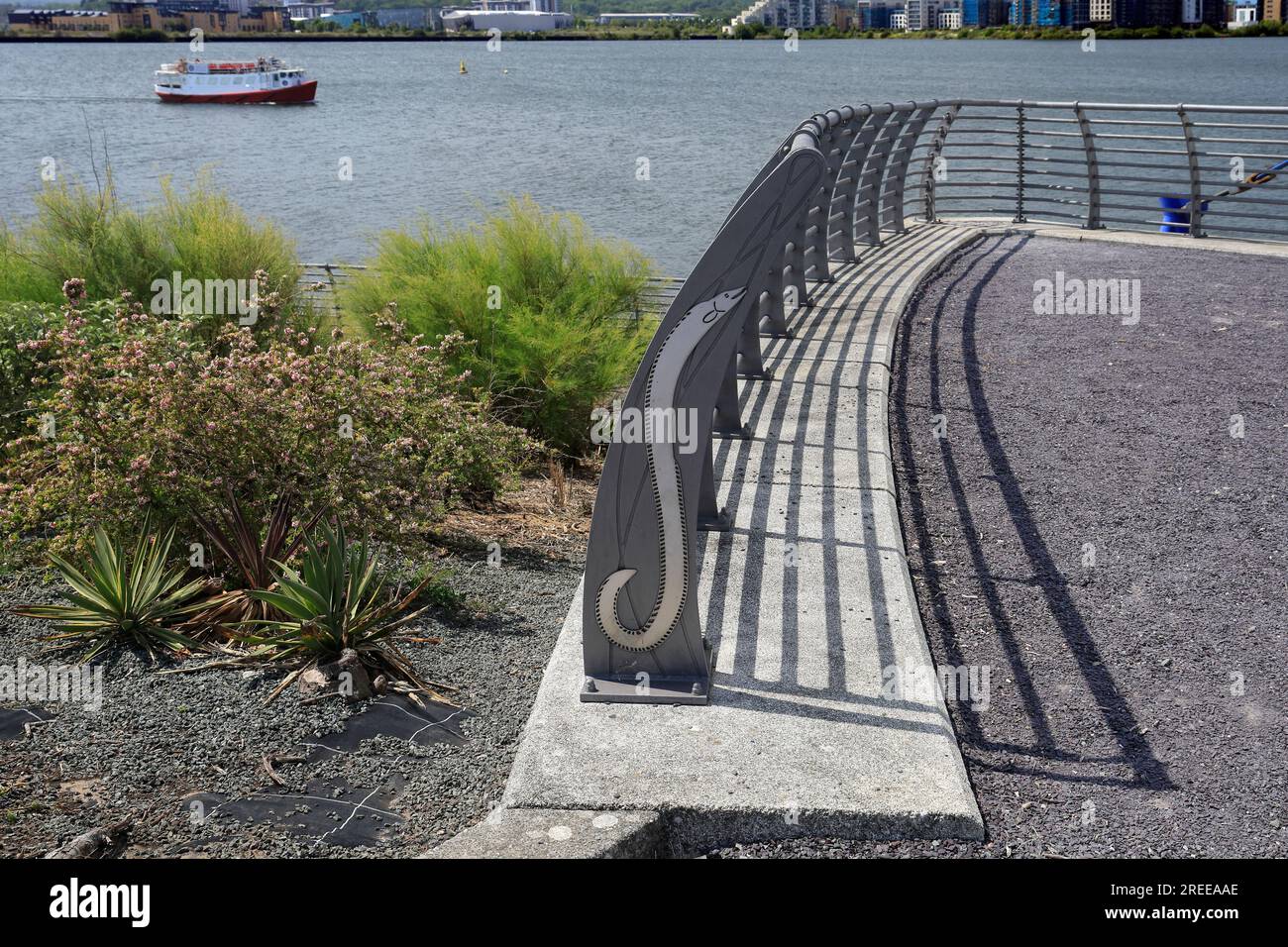 Fish decorative detail from railings of view point, Cardiff Barrage ...