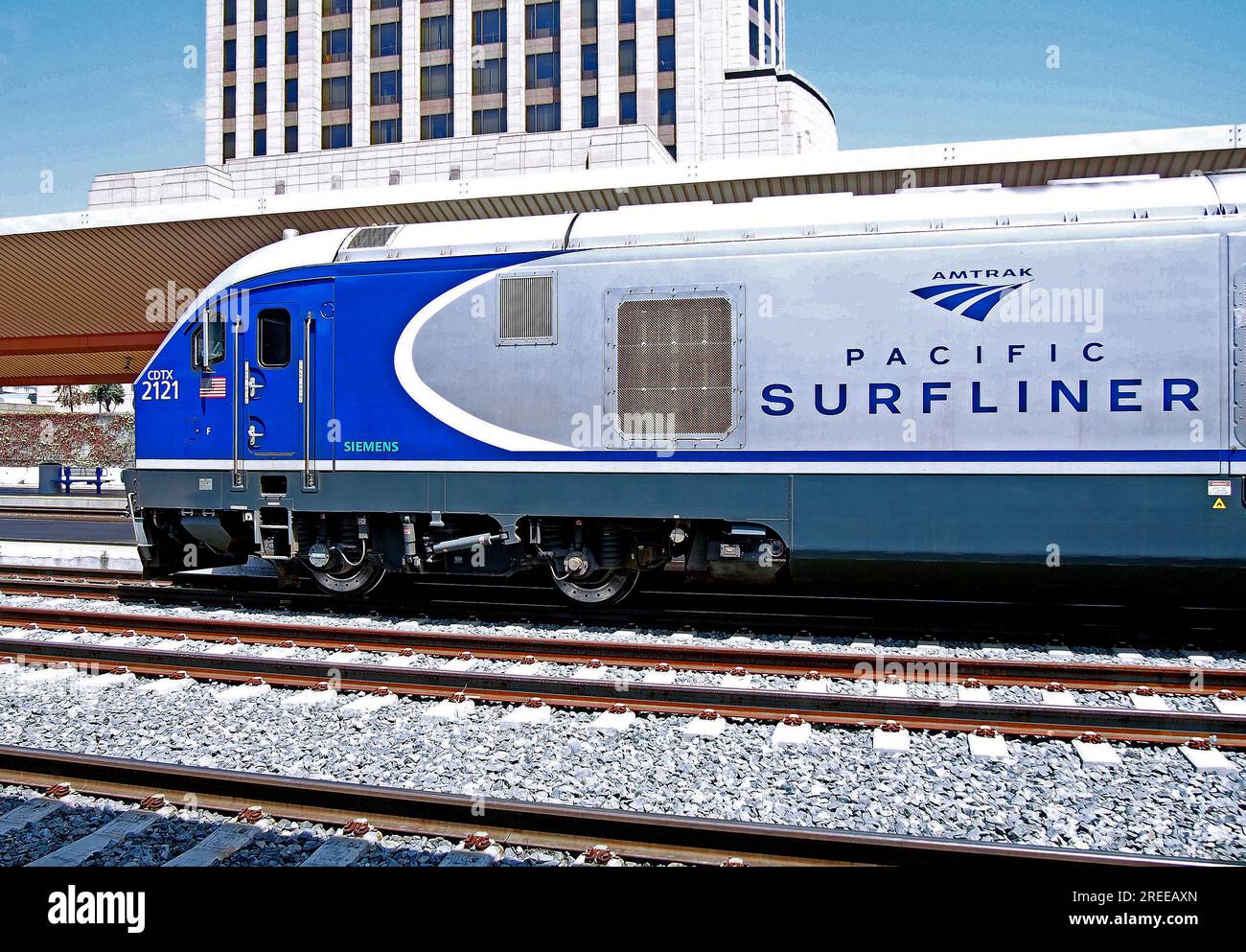 Amtrak Pacific SurfLiner engine at the Los Angeles Union Station ...