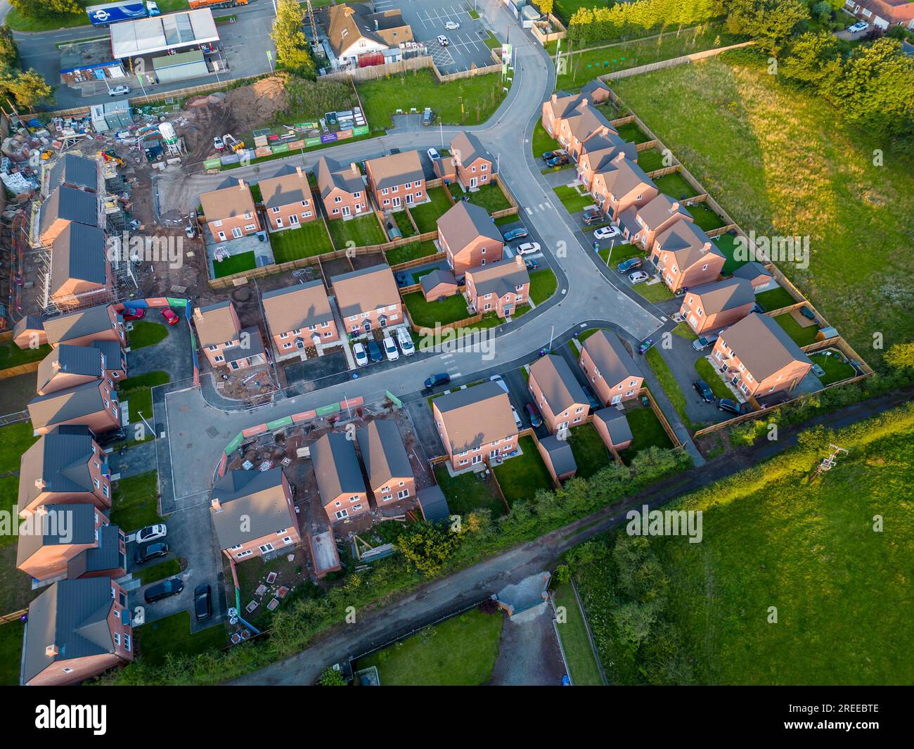 Aerial view of unfinished housing estate, Prees Shropshire, England ...