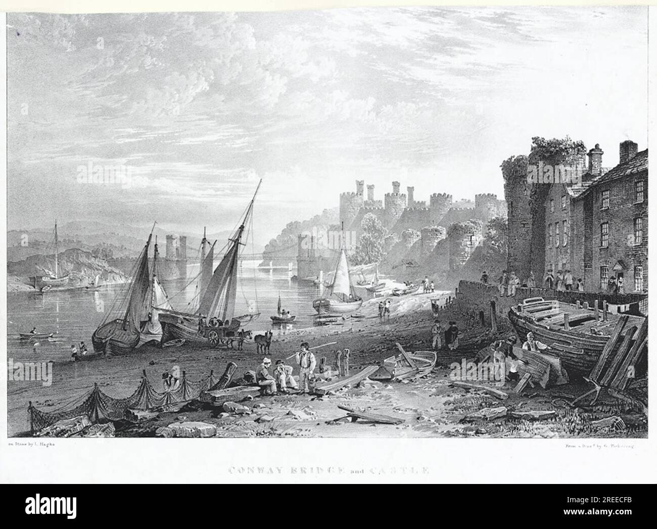 Conway Bridge and Castle, North Wales circa 1850 by Louis Haghe Stock ...