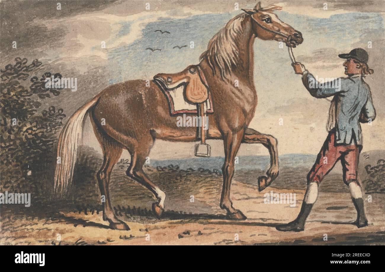 Stable Boy Holding a Horse in a Landscape by John Collett Stock Photo ...