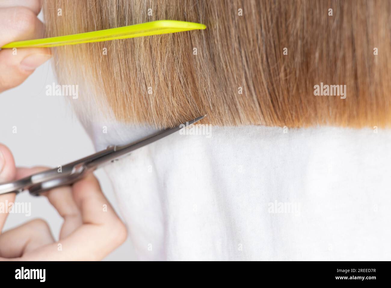Female hands cut girls hair with scissors, haircut and hairdressing ...