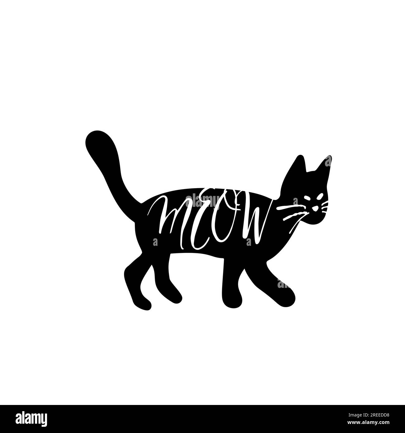 Black cat illustration with Meow text isolated on white background ...