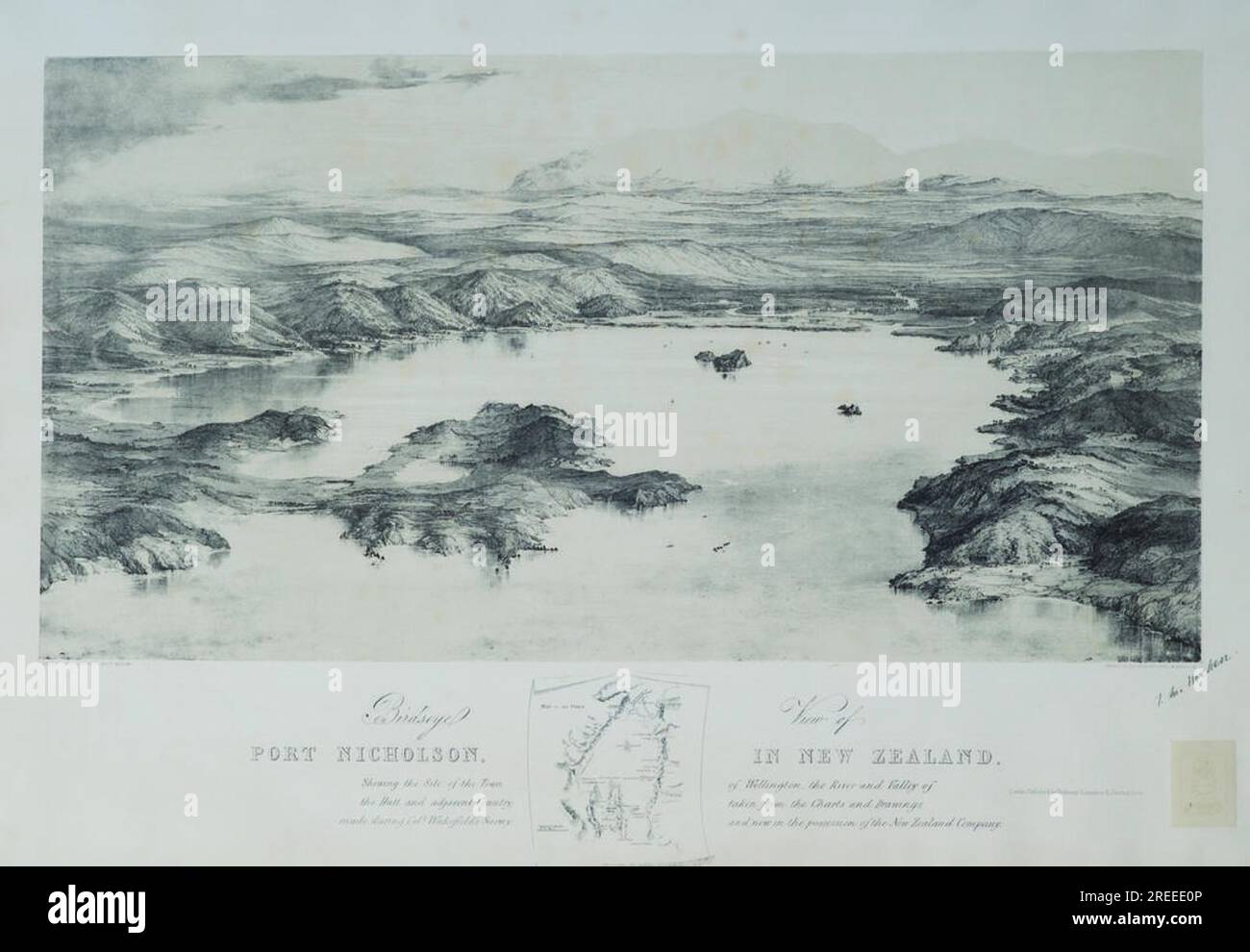 Birdseye view of Port Nicholson, in New Zealand, shewing the site of ...