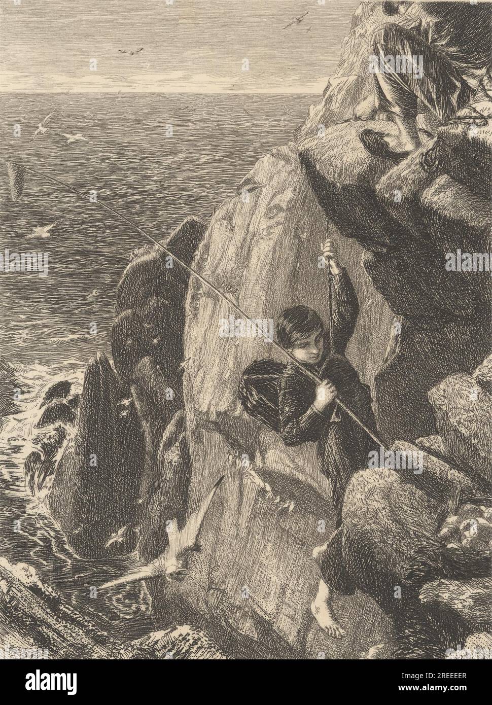 Boys Collecting Eggs on Cliff Face by James Clarke Hook Stock Photo - Alamy