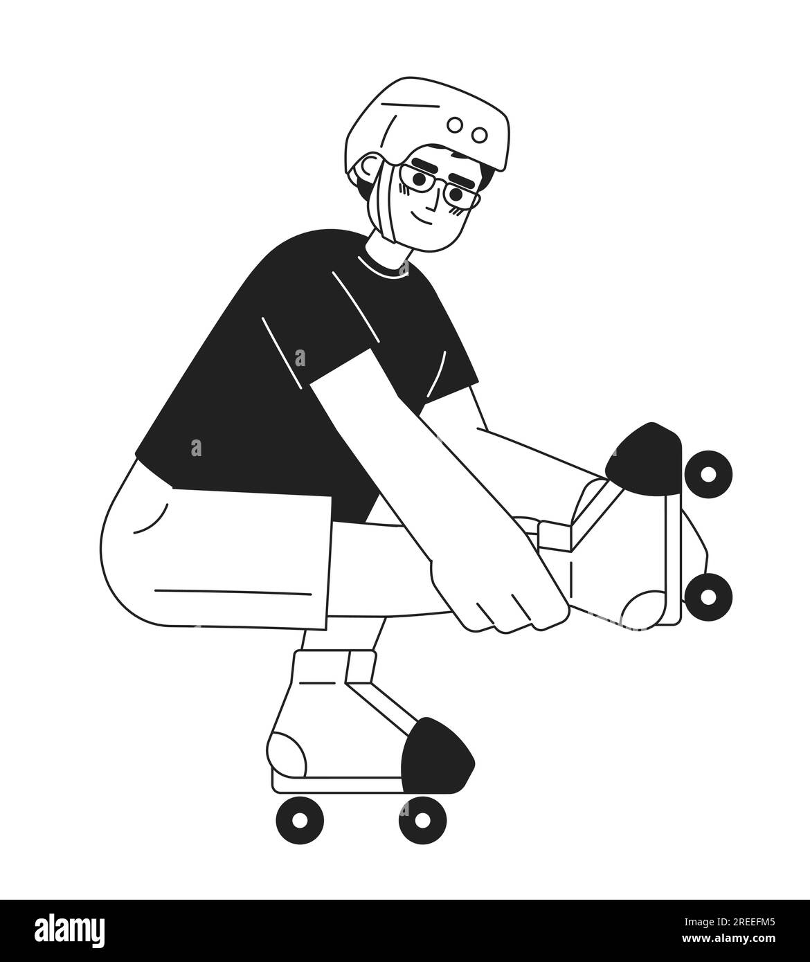 Guy play trick on roller skate monochromatic flat vector character ...