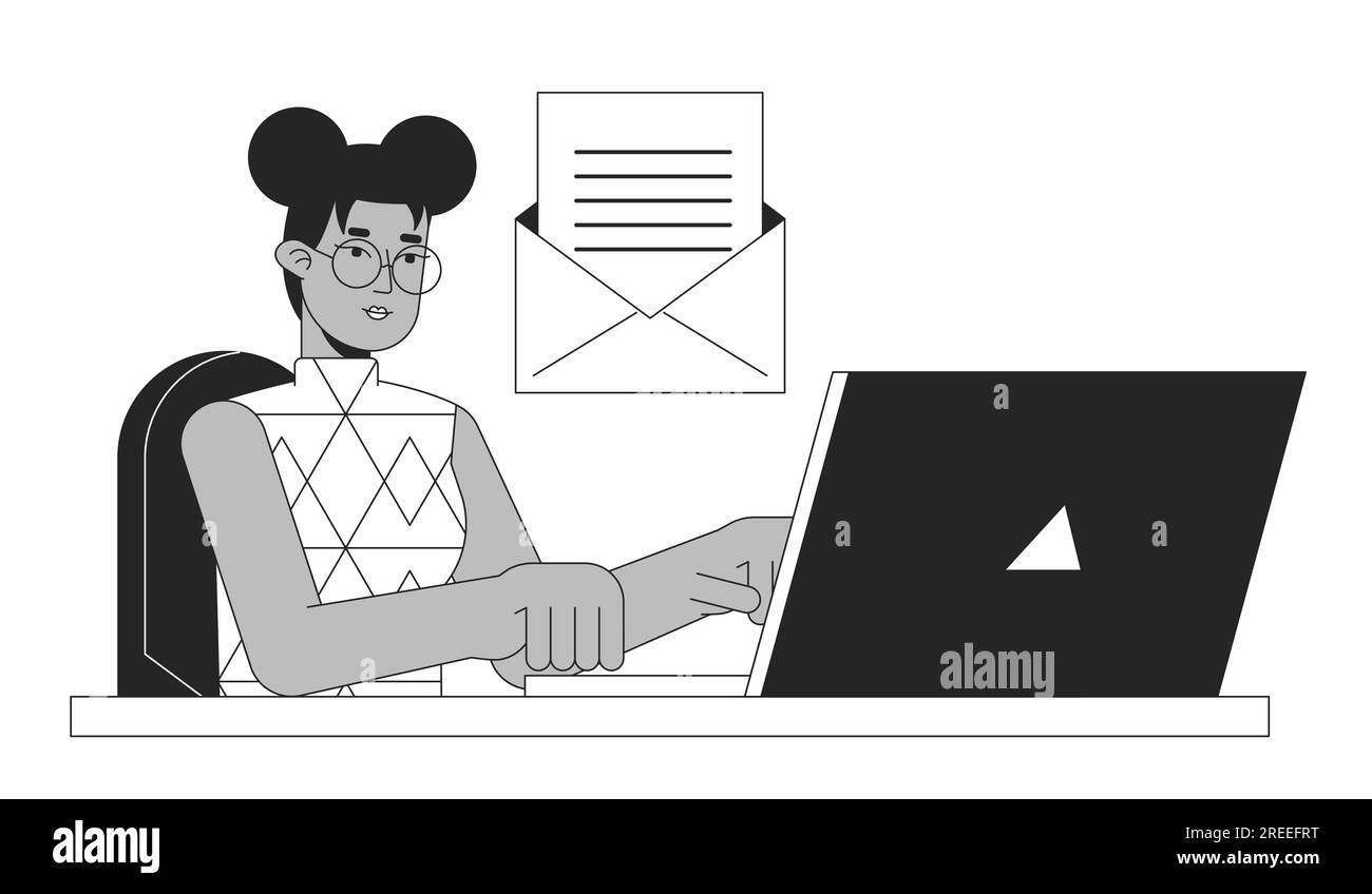 Young woman responding to email bw concept vector spot illustration ...
