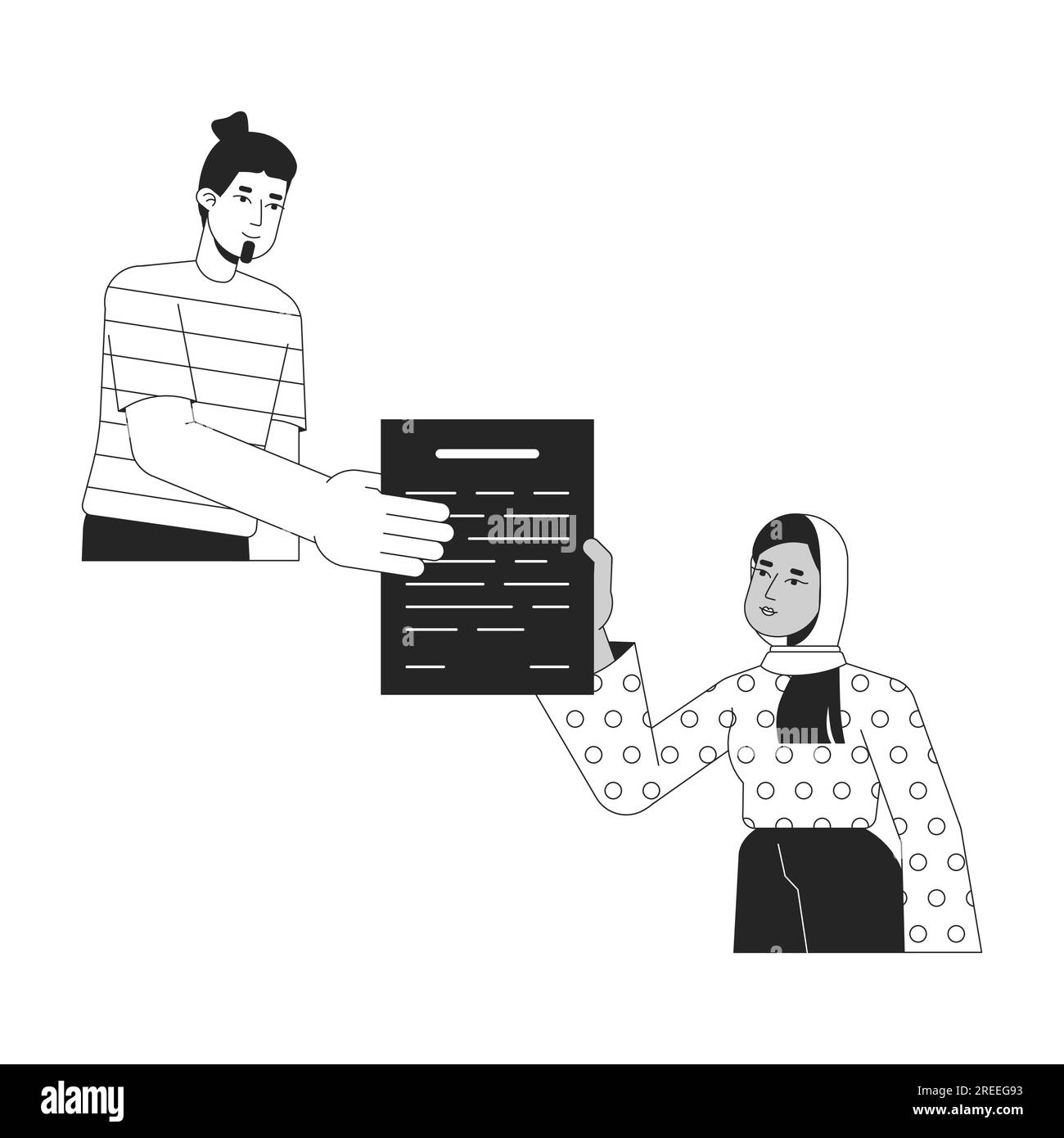 Man give document to woman in hijab bw concept vector spot illustration ...