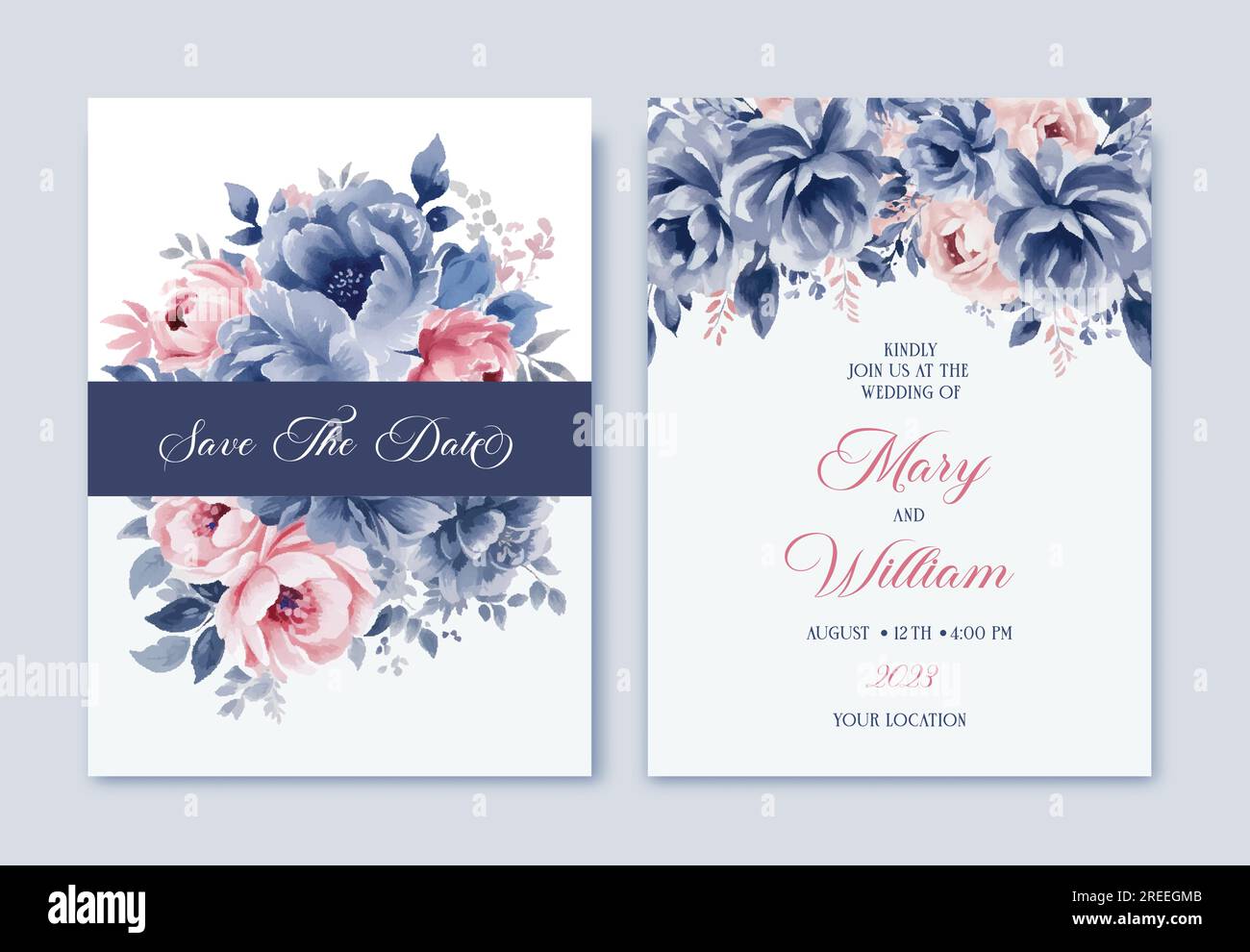 Watercolor Navy blue floral wedding invitation cards template Stock ...